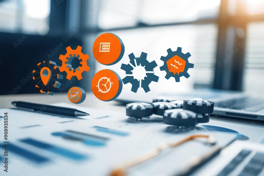 Colorful operations management banner template featuring organized ...