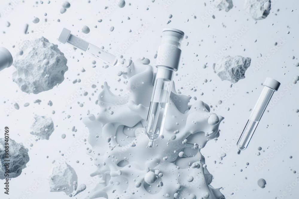 Minimal explosion of science tools, with empty test tubes, beakers, and ...