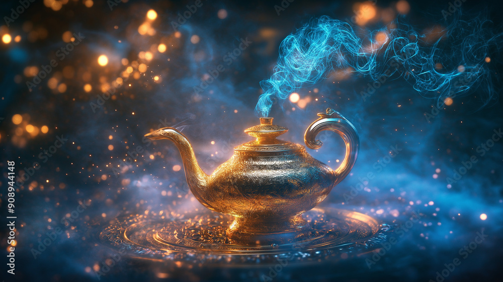 A magical 3D genie emerging from an ornate lamp, surrounded by swirling ...