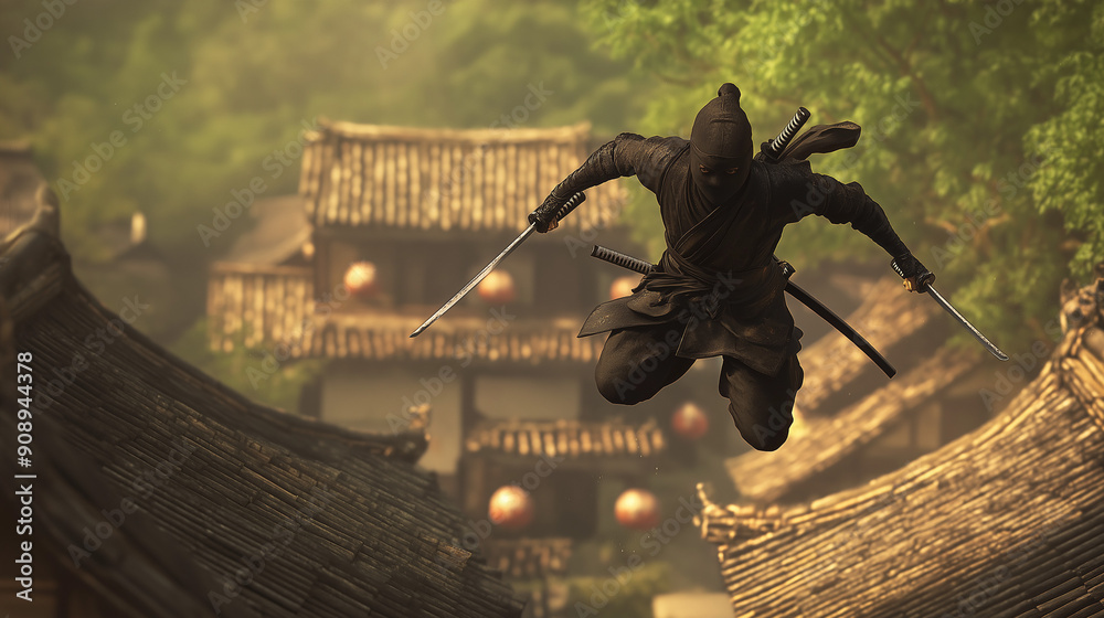 A stealthy 3D ninja with a black outfit and twin katanas, leaping ...