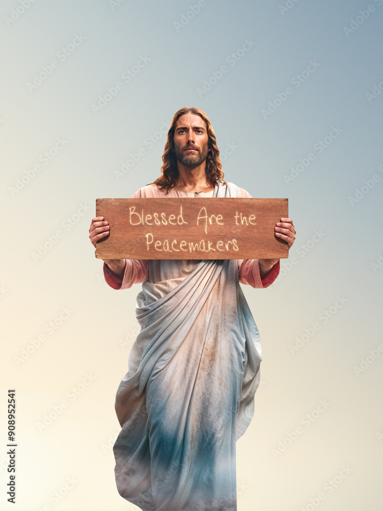 Jesus Christ holding a wooden sign that says "Blessed Are the ...