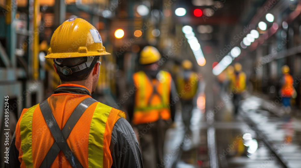Construction worker in reflective safety gear and hard hat, observing ...