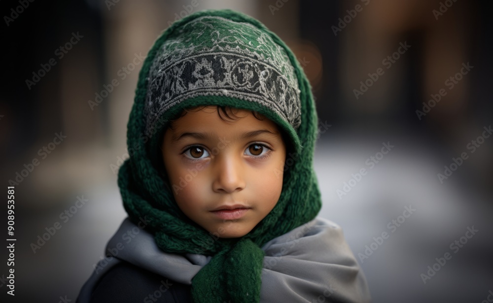 Portraits of Muslim children in pilgrimage attire at the sacred Kaaba ...