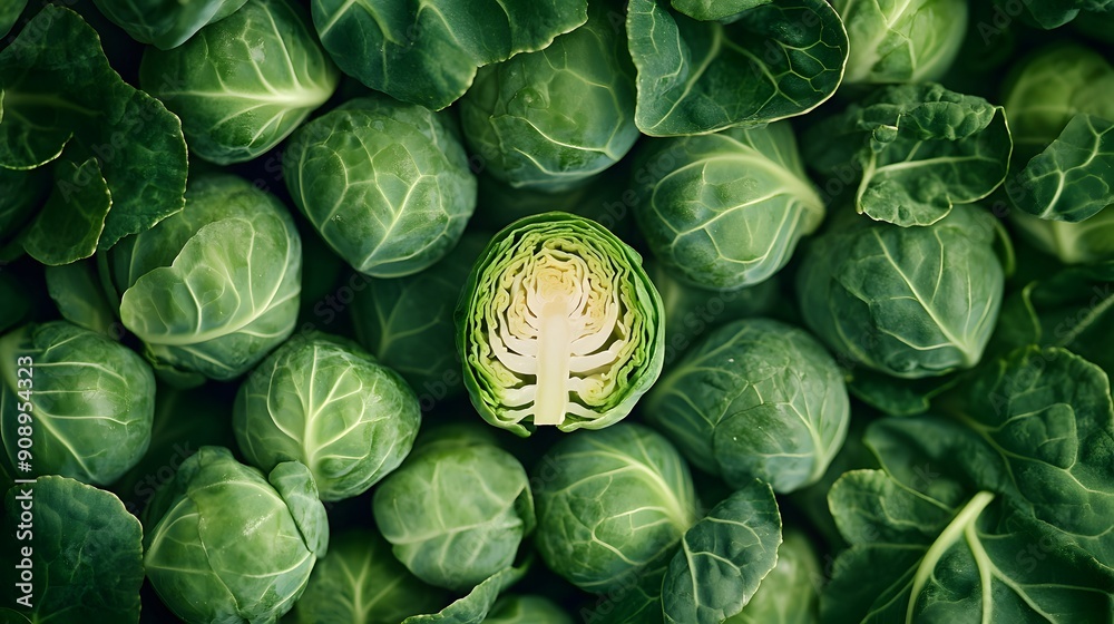 Fresh Brussels sprouts, vibrant green color, one sprout cut in half ...