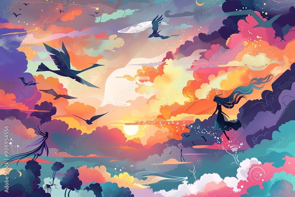 Pixie and sea fairy in a vibrant sky, with human activities happening ...