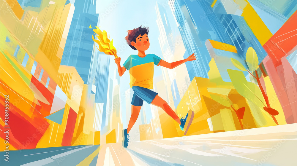 Young Boy Running with Torch in Urban Setting - A young boy is running ...