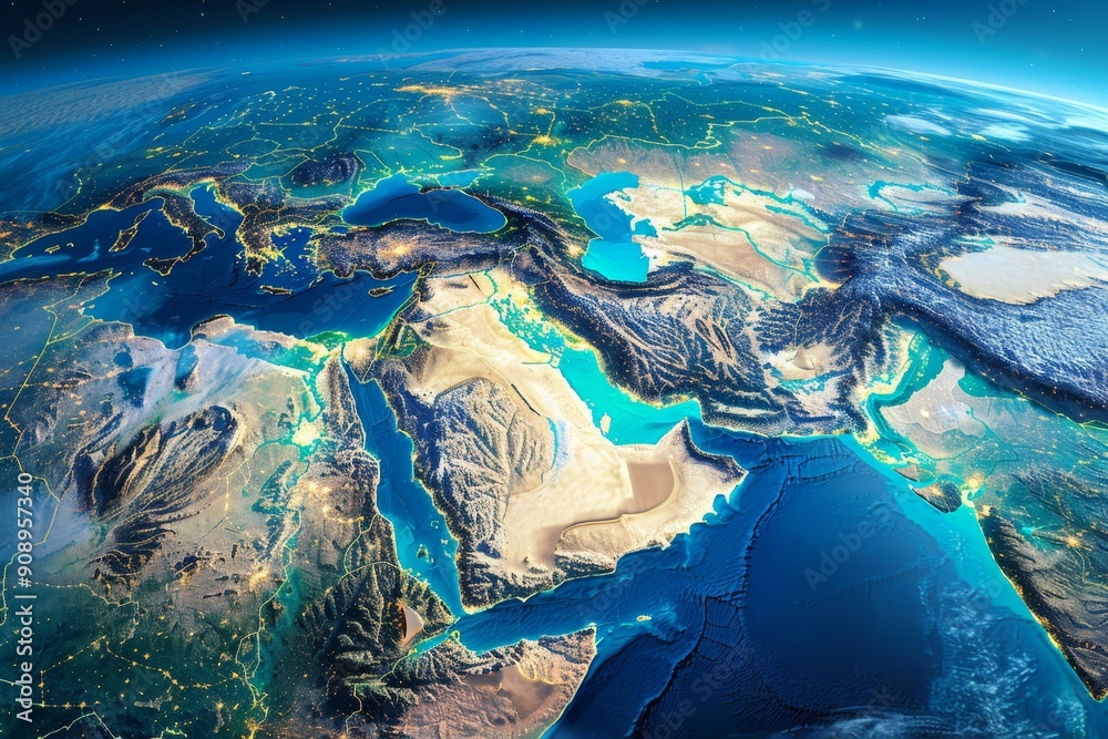 Physical map of Middle East, with high resolution details. Flattened ...