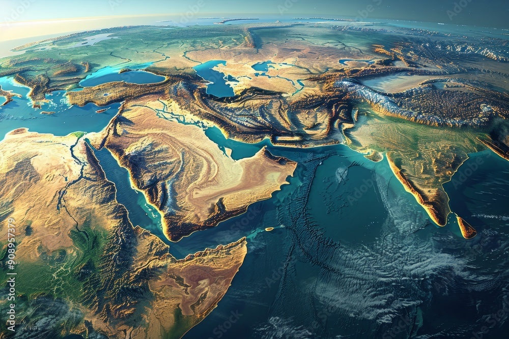 Physical map of Middle East, with high resolution details. Flattened ...