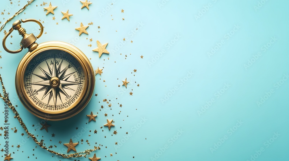Vintage brass compass, light blue background, intricate star design ...