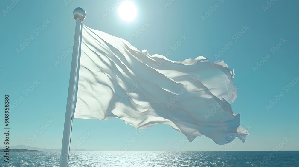 White flag waving in the wind, clear blue sky background, flagpole ...