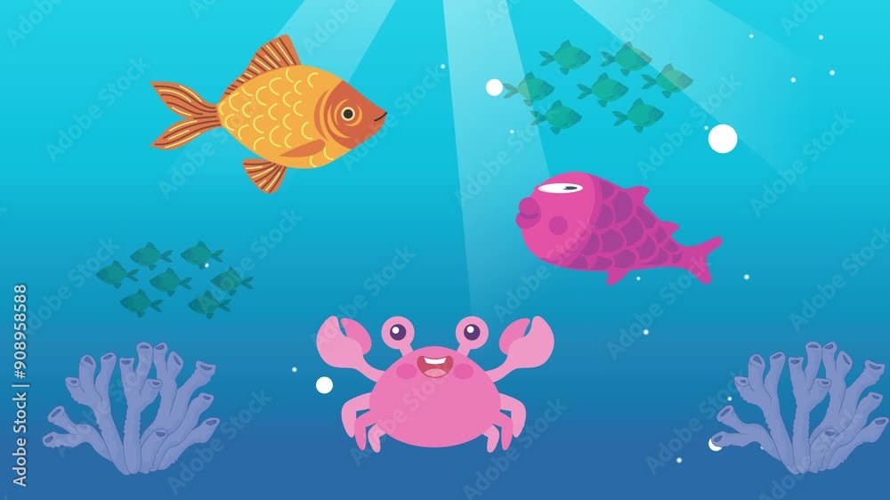 Sea life with Happy Fish and Crab swimming animation with coral plant ...