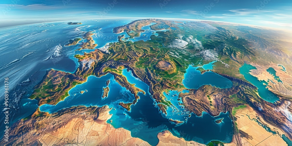 Physical map of Mediterranean region, with high resolution details ...