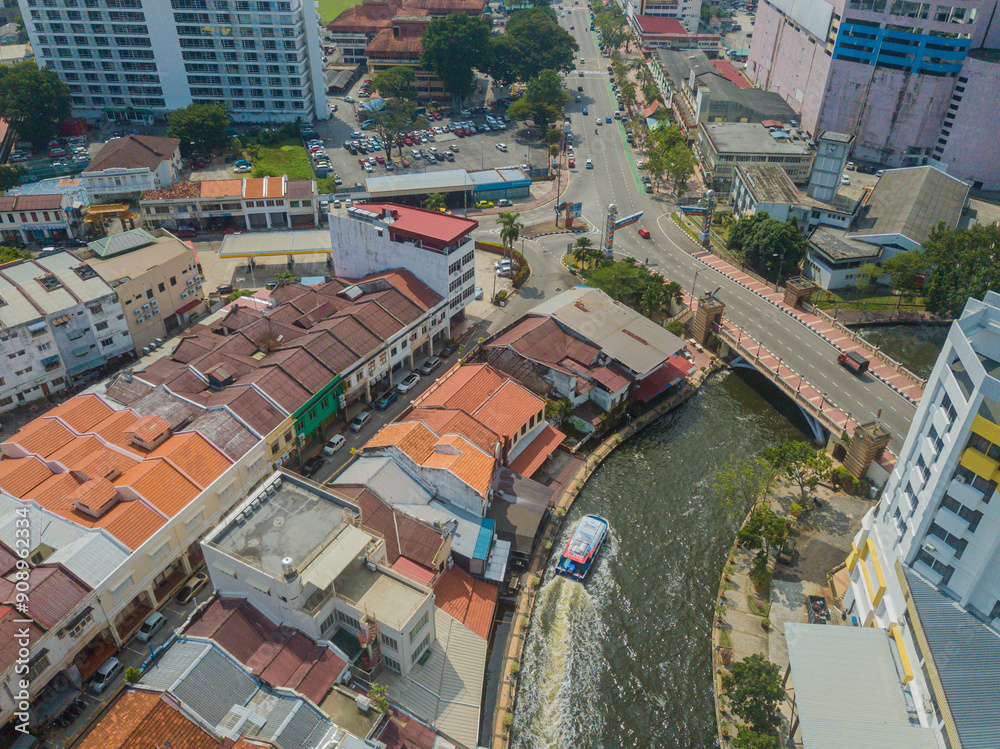 Aerial drone view of big and dense Malacca City with Malaysian ...