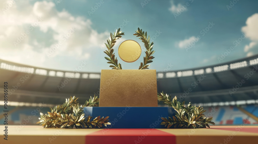 Golden Trophy on Podium with Laurel Wreaths in Stadium - A golden ...
