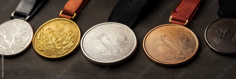 Four Olympic medals on a dark surface, showcasing a unique design with ...