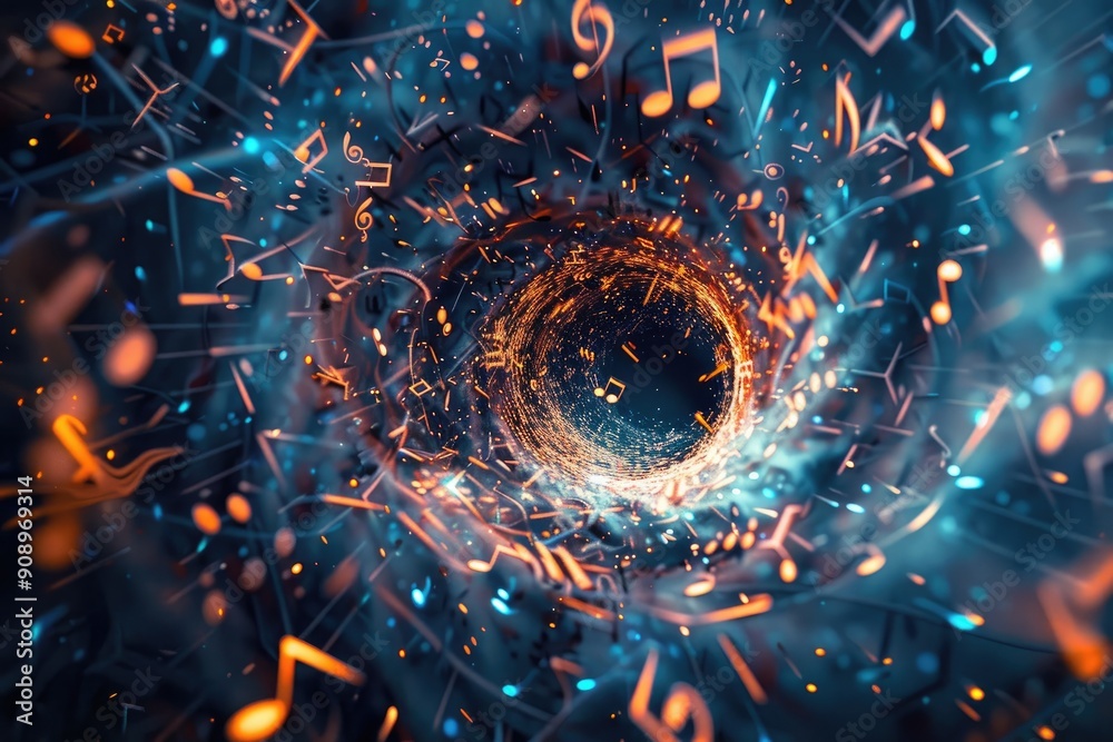 Symphony of Sound, Abstract 3D Vortex of Treble Clefs and Bass Lines ...