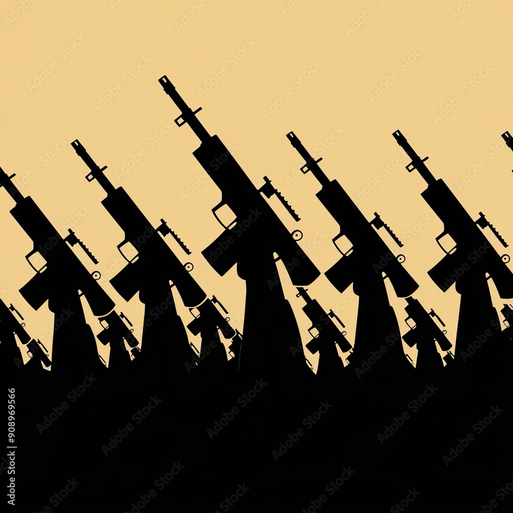Silhouettes of several rows of rifles with telescopic sights raised ...