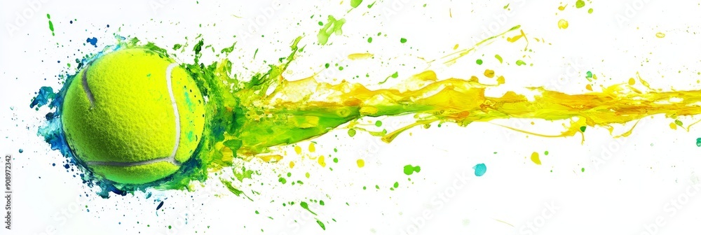 A tennis ball is depicted in a burst of colorful paint, symbolizing ...