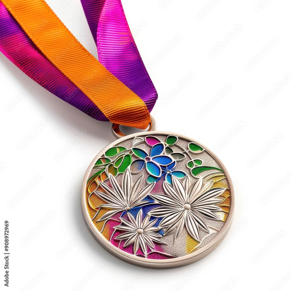 Olympic silver medal with ribbon, isolated white background, side view ...