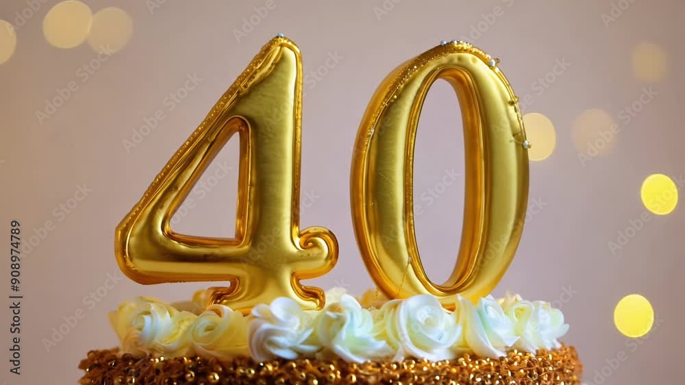 A cake with a gold number 40 on top. The cake is decorated with white ...