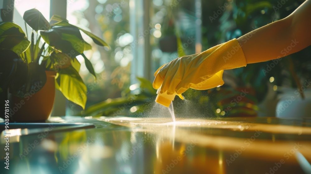 Cleaning home table sanitizing kitchen table surface with disinfectant ...