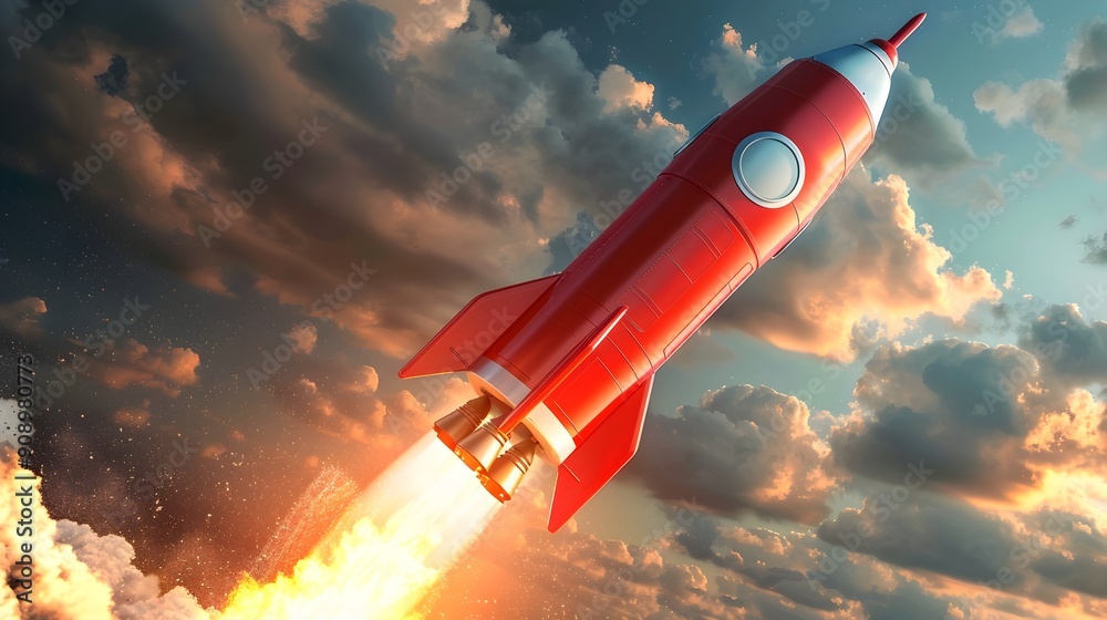 Surreal and powerful red rocket ascending through dramatic ...