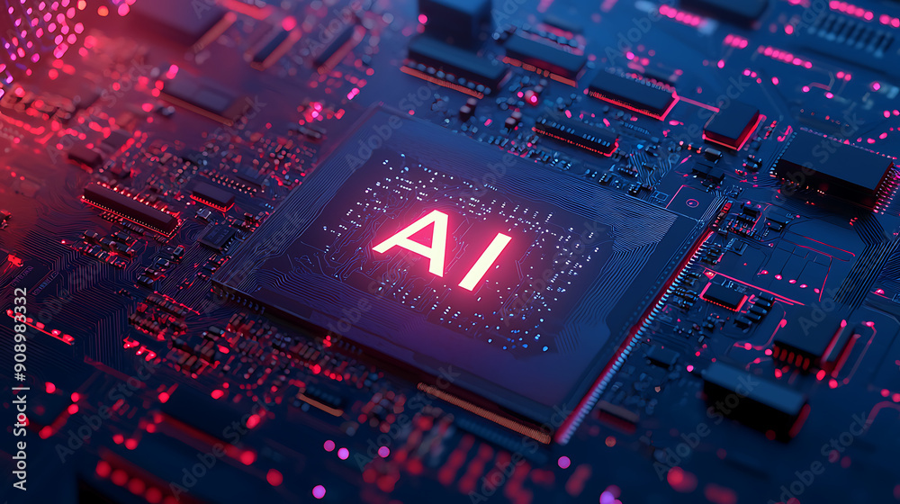 AI, artificial intelligence, powerful computer processor microchip with the word representing ...