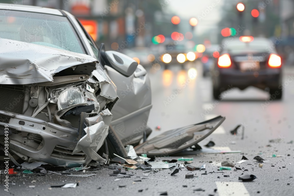 Car accident, wrecked vehicle, city traffic in background, debris ...