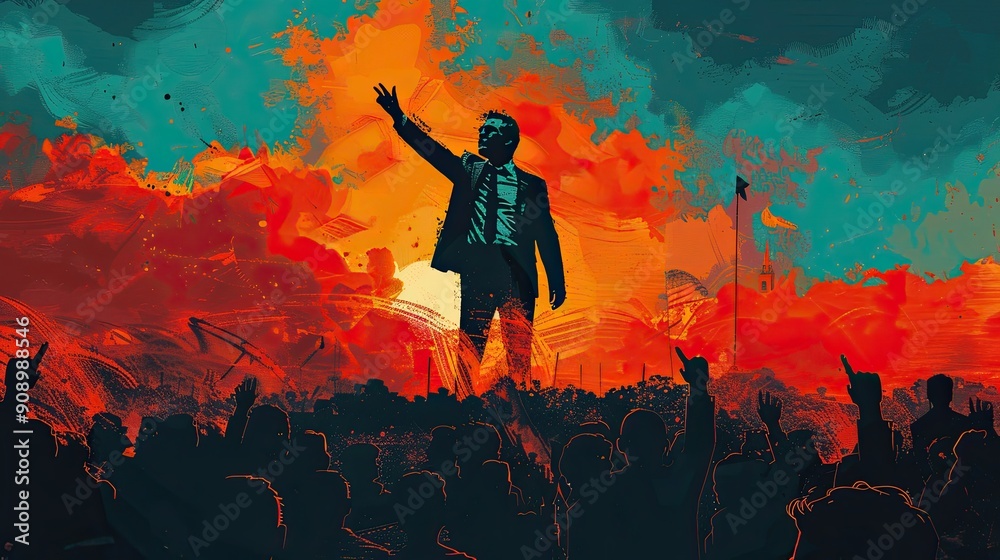 Heroic depiction of a famous historical figure making a powerful speech ...