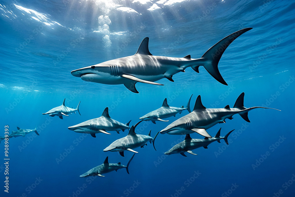 Great Hammerhead Shark. School of Hammerheads swimming in Red sea ...