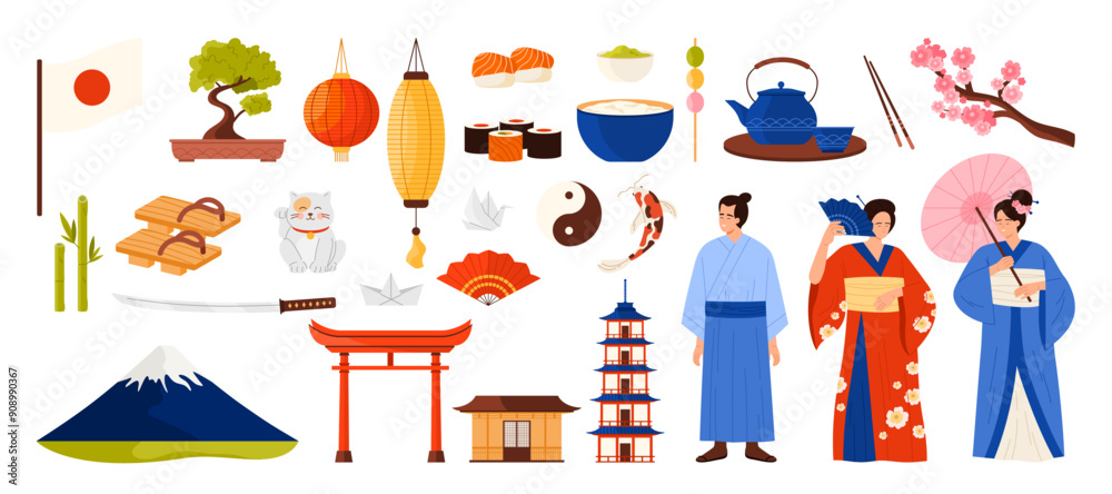 Travel to Japan set. Japanese culture and decorative symbols, heritage ...