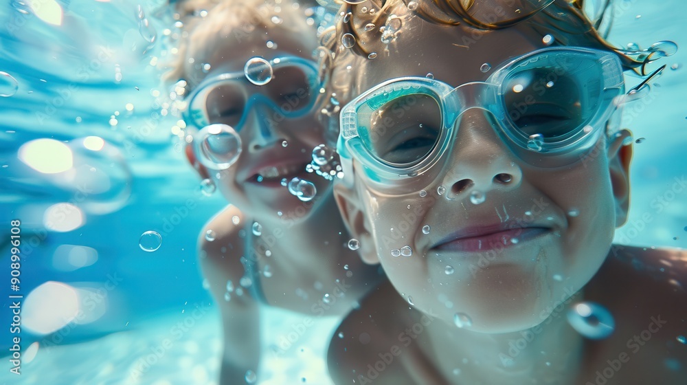 Children diving and swimming underwater in a clear blue pool, with ...