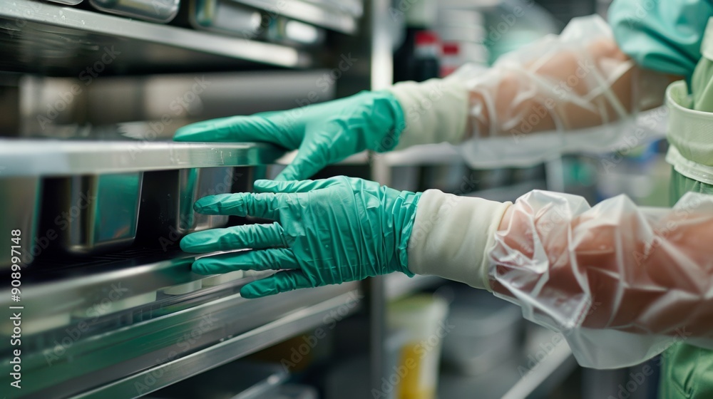 laboratory safety, lab technicians wear sterile gloves during food ...