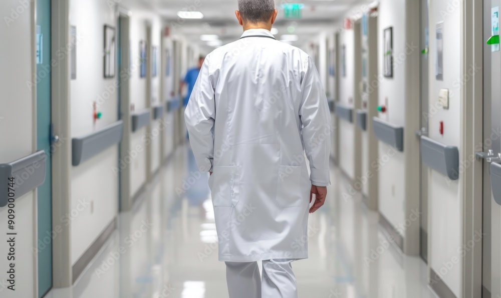 doctor walking down hospital corridor, healthcare professional in white ...