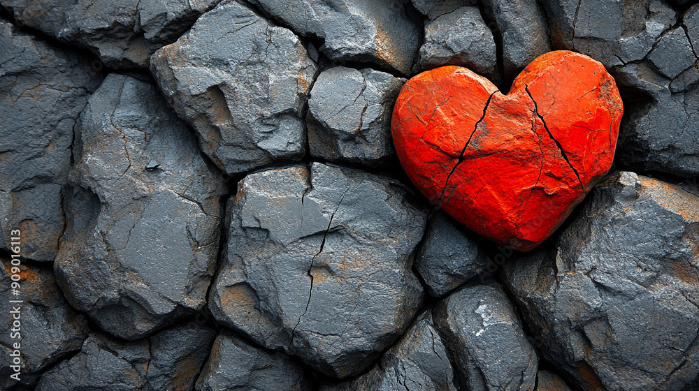 red stone heart rests on a cracked gray stone floor, symbolizing ...