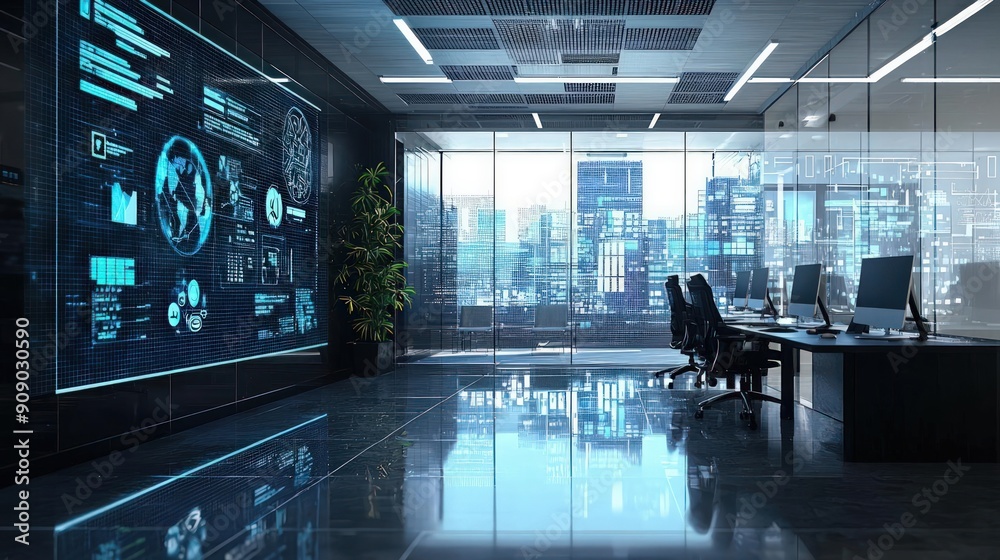 Corporate office with a digital screen showing standards compliance ...