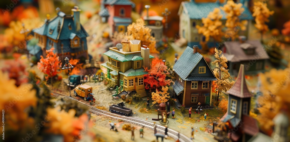Miniature world with tiny people and detailed landscapes, including ...