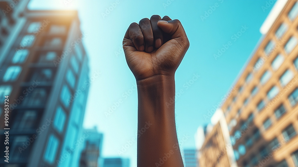raised fist silhouetted against a radiant sun symbolizes strength, unity, and resilience. This ...