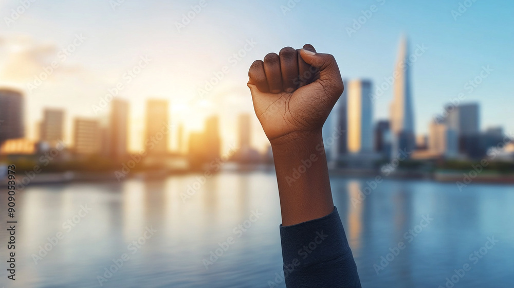 raised fist silhouetted against a radiant sun symbolizes strength, unity, and resilience. This ...
