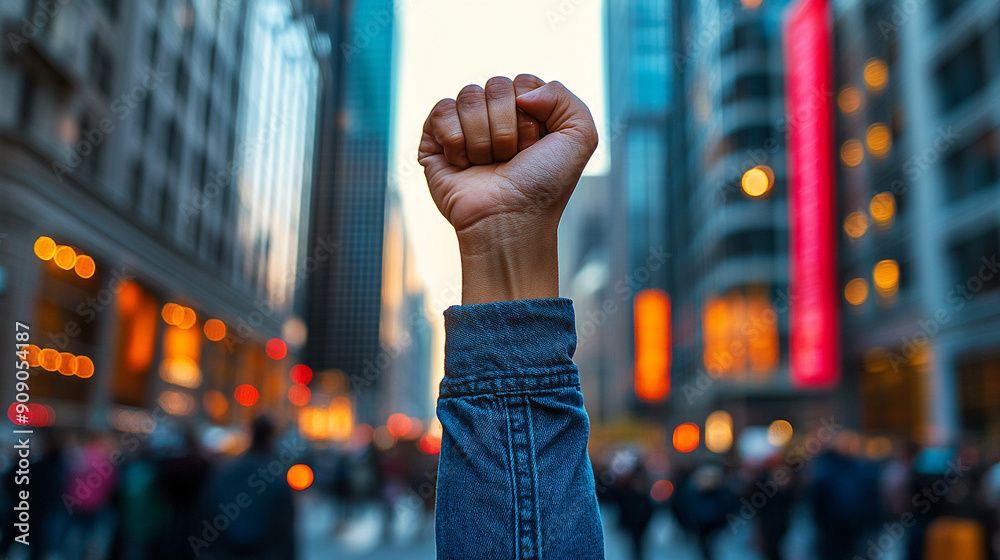 raised fist silhouetted against a radiant sun symbolizes strength, unity, and resilience. This ...