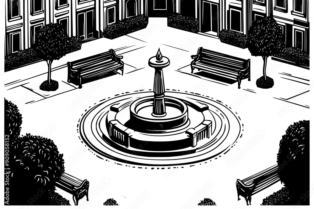Public square with a central fountain, surrounded by buildings, benches ...