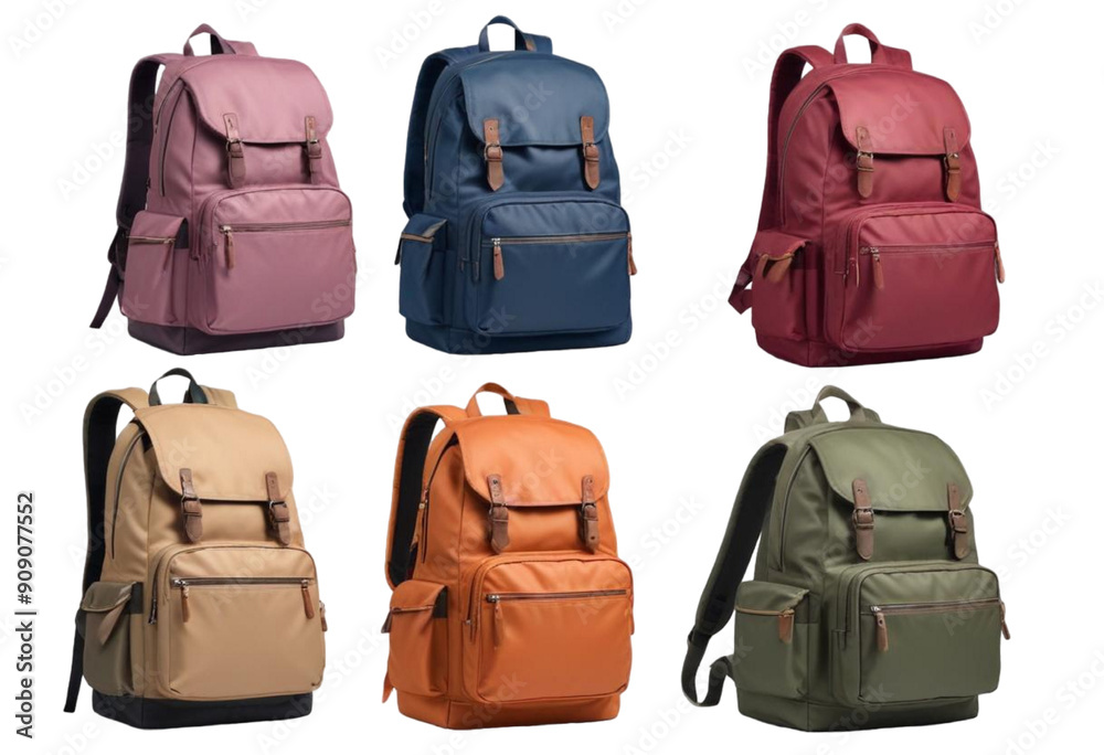 classic multi pocket backpacks set in different colours isolated on ...