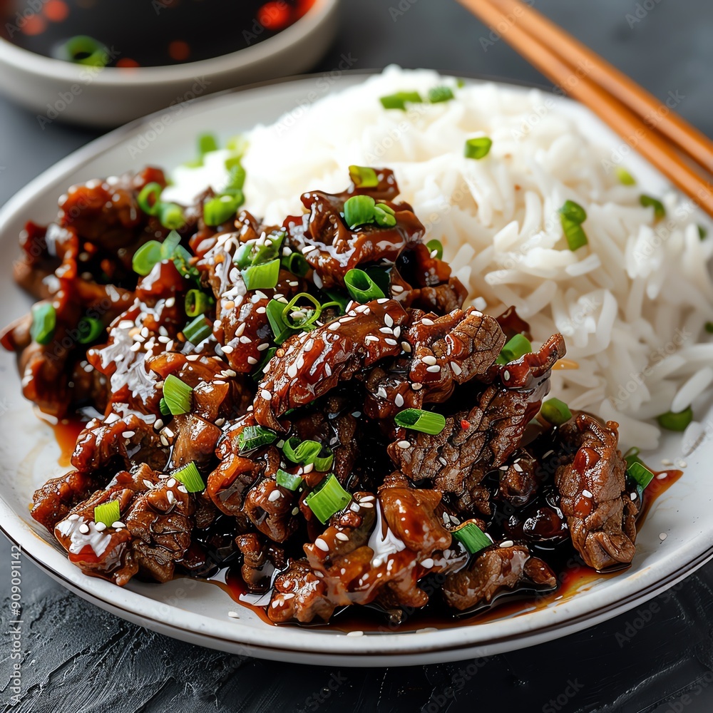 Chinese lunch plate with Mongolian beef and steamed white rice Stock ...
