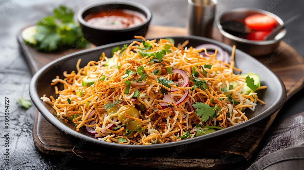 Indian snack of crispy herbinfused potato sev with tangy chutney Stock ...