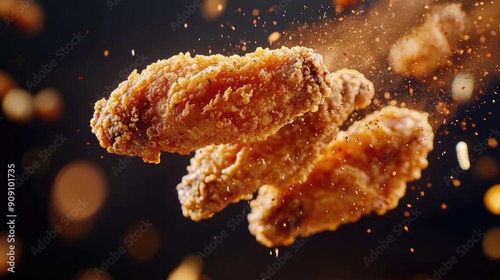 Flying fried chicken wings in a dynamic freeze-motion, showcasing ...