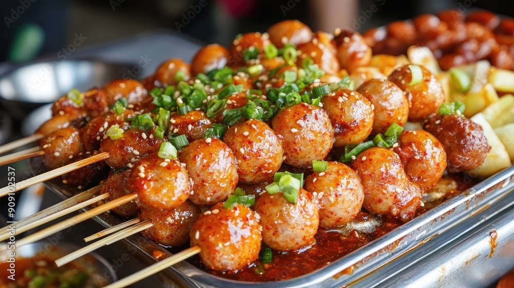 Korean street food So-tteok so-tteok, skewered rice cakes and sausages ...