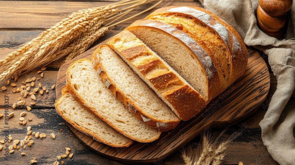 Sliced wheat bread laid out on a wooden board, top view, emphasizing ...