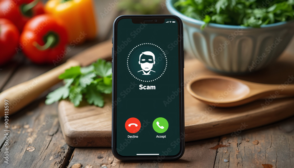 Smartphone Displaying Scam Call Alert in Kitchen with Fresh Vegetables ...