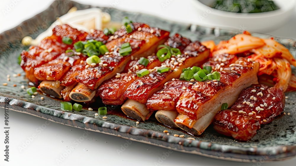 Bossam sliced pork belly served with garlic, kimchi, and ssamjang ...