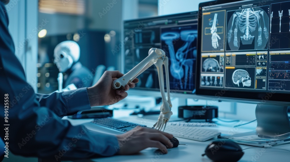 A biomedical engineer designing a prosthetic limb prototype using CAD ...